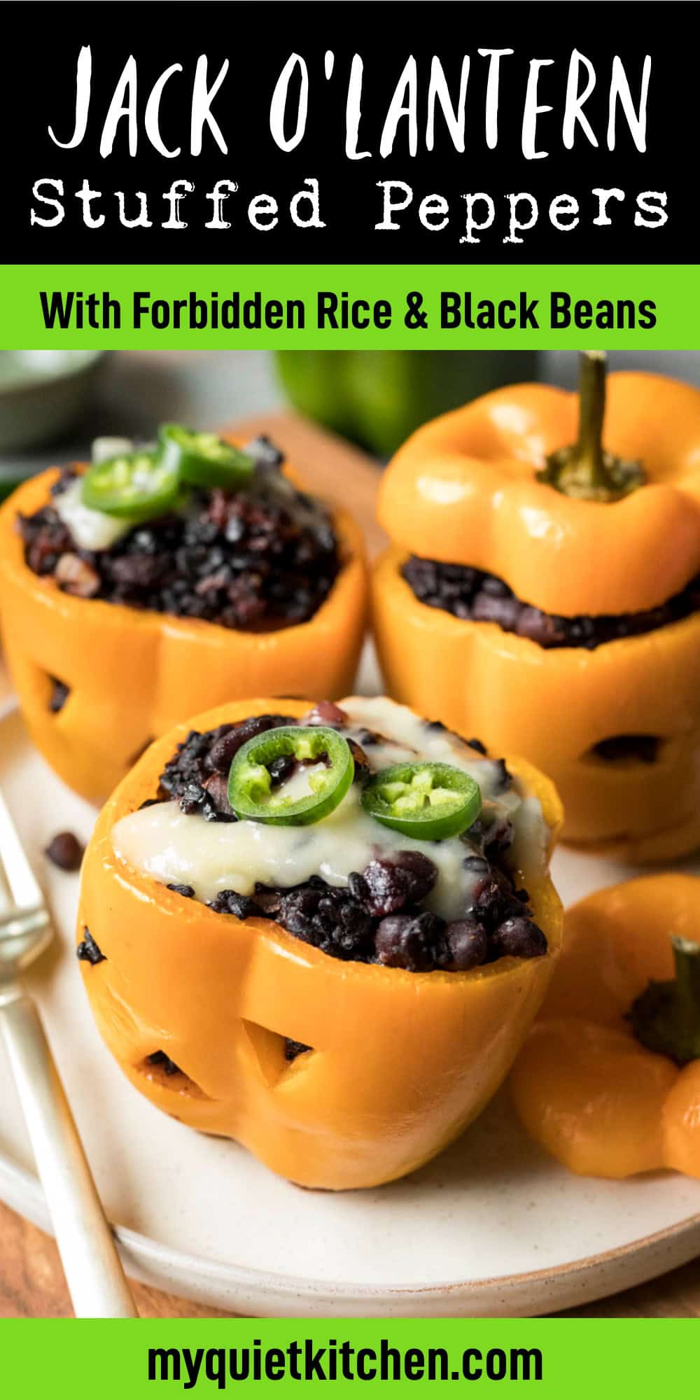Jack O'Lantern Stuffed Peppers With Black Rice - My Quiet Kitchen